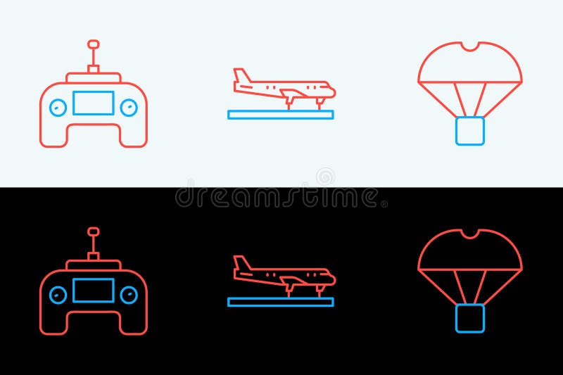 Set Line Box Flying on Parachute, Drone Remote Control and Plane Icon ...