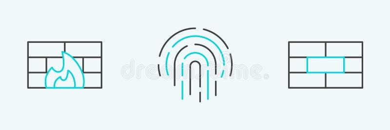 Set Line Bricks, Firewall, Security Wall and Fingerprint Icon. Vector ...