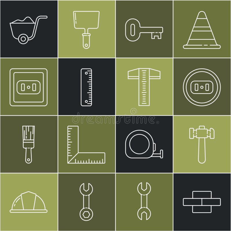 Set Line Bricks, Hammer, Electrical Outlet, Old Key, Ruler, Shovel and ...