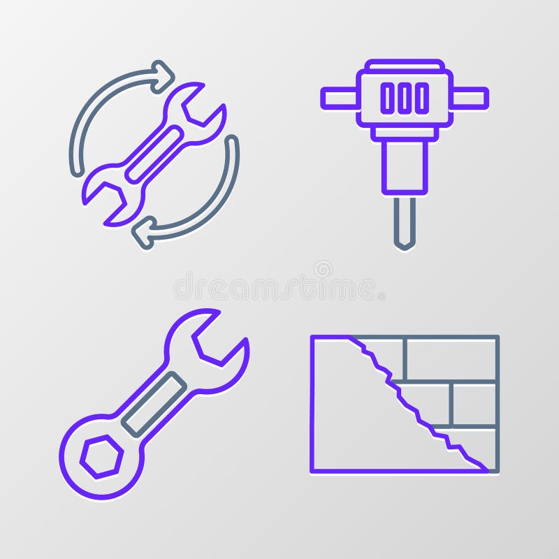 Set Line Bricks, Wrench Spanner, Construction Jackhammer and and Arrows ... Set Line Bricks, Wrench Spanner, Construction Jackhammer and and Arrows ...