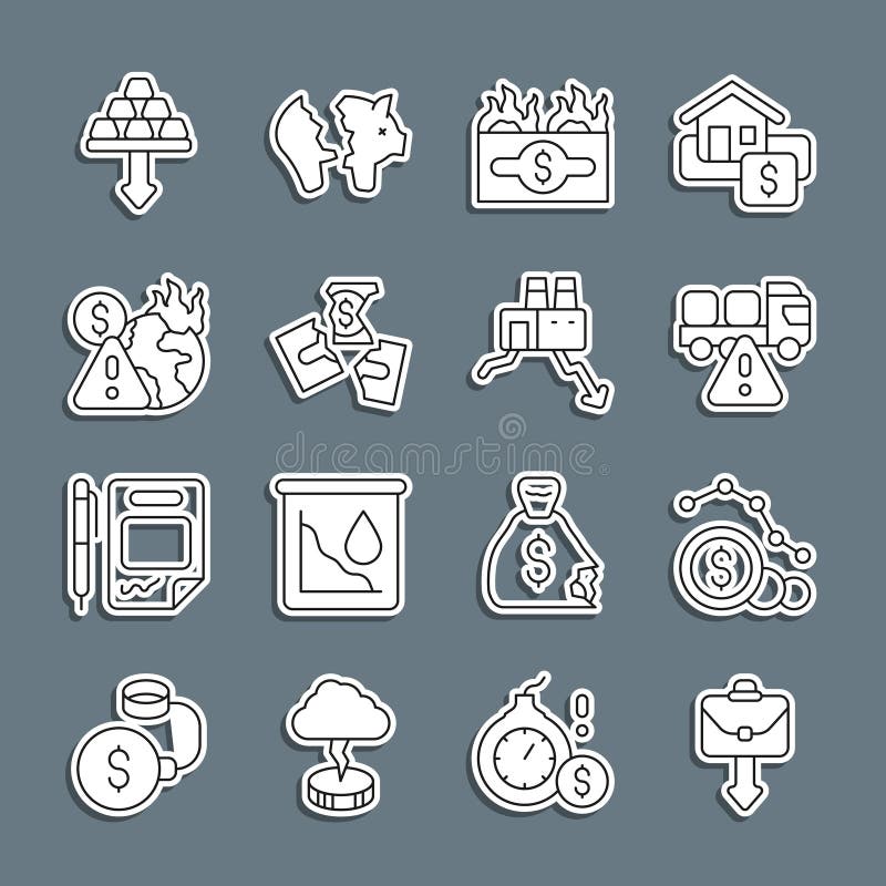 Set Line Briefcase, Dollar Rate Decrease, Stop Delivery Cargo Truck, Burning Dollar Bill ...