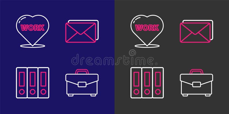 Set Line Briefcase, Office Folders, Envelope and Heart with Text Work ...