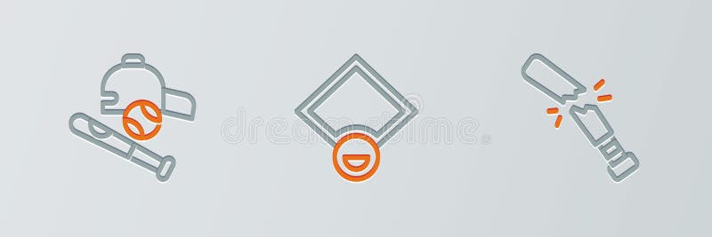 Set Line Broken Baseball Bat, Baseball with Ball, Hat and Field Icon ...