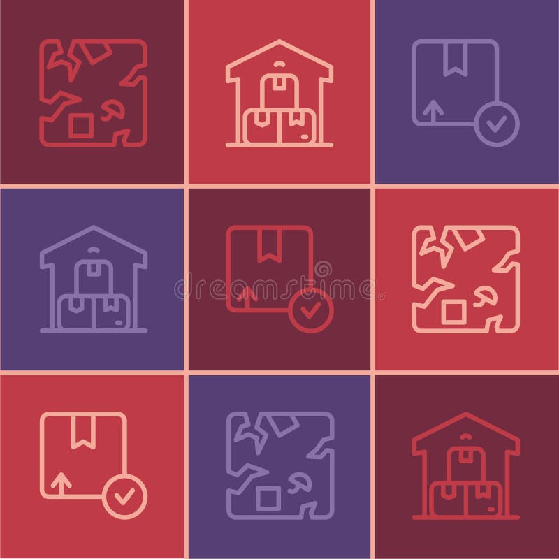 Set Line Broken Cardboard Box, Carton and Full Warehouse Icon. Vector ...