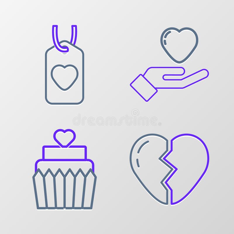 Set Line Broken Heart, Wedding Cake with, Heart Hand and Tag Icon ...