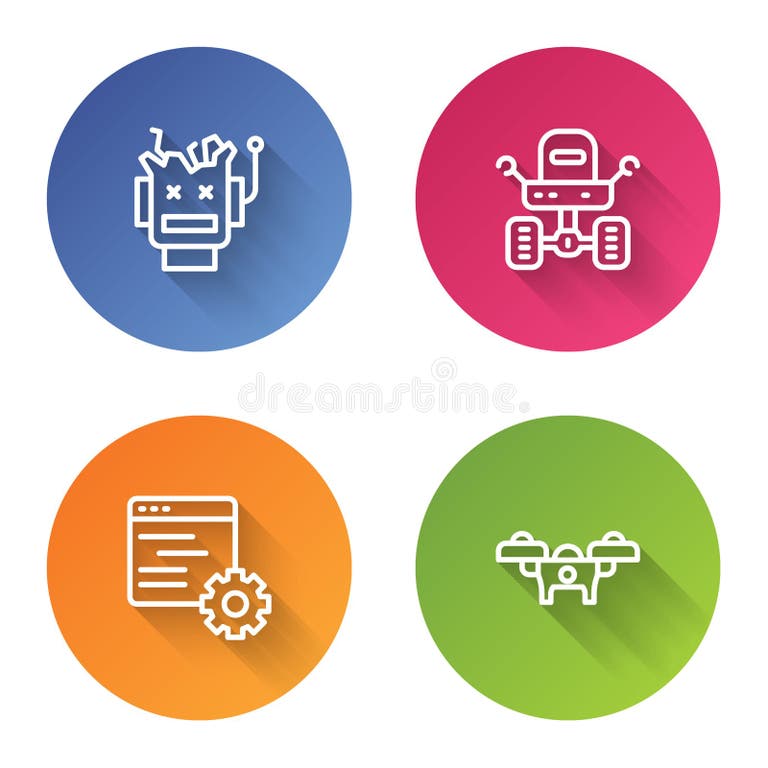 Set Line Broken Robot, Mars Rover, Computer Api Interface and Drone. Color Circle Button Stock ...