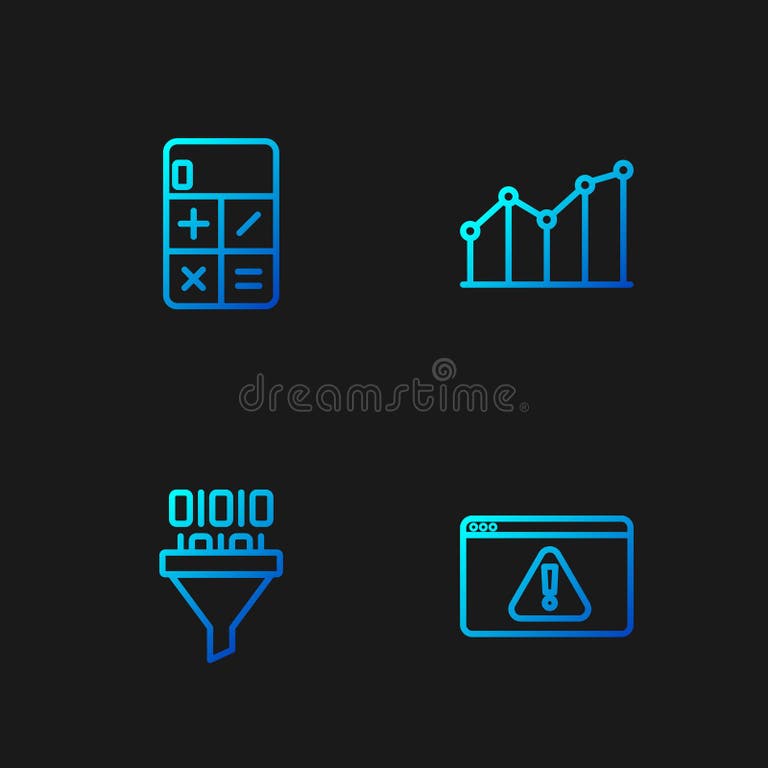 Set Line Browser with Exclamation Mark, Binary Code, Calculator and Pie Chart Infographic ...