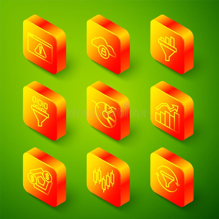 Set Line Browser with Exclamation Mark, Cloud Computing Lock, Sales Funnel Chart, Binary Code ...