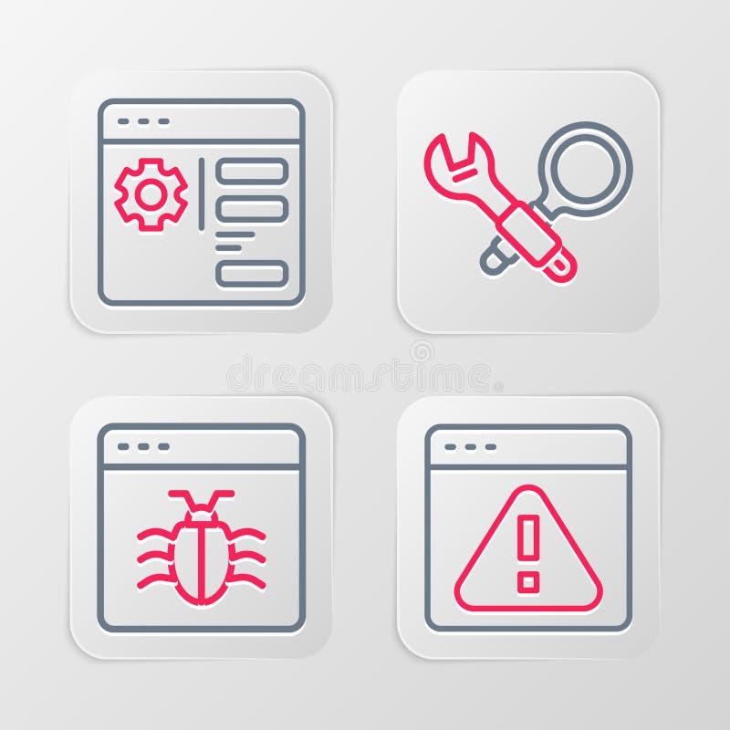 Set Line Browser with Exclamation Mark, System Bug, Debugging and Setting Icon. Vector Stock ...