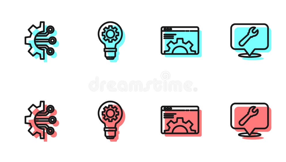 Set Line Browser Setting, Algorithm, Light Bulb and Gear and Location with Wrench Spanner Icon ...