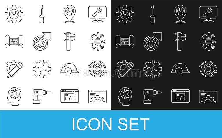 Set Line Browser Setting, Gear and Arrows As Workflow, Algorithm, Location with Wrench Spanner ...