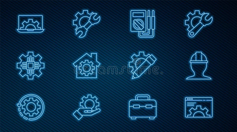 Set Line Browser Setting, Worker Safety Helmet, Multimeter, House with Gear, Processor, Laptop ...