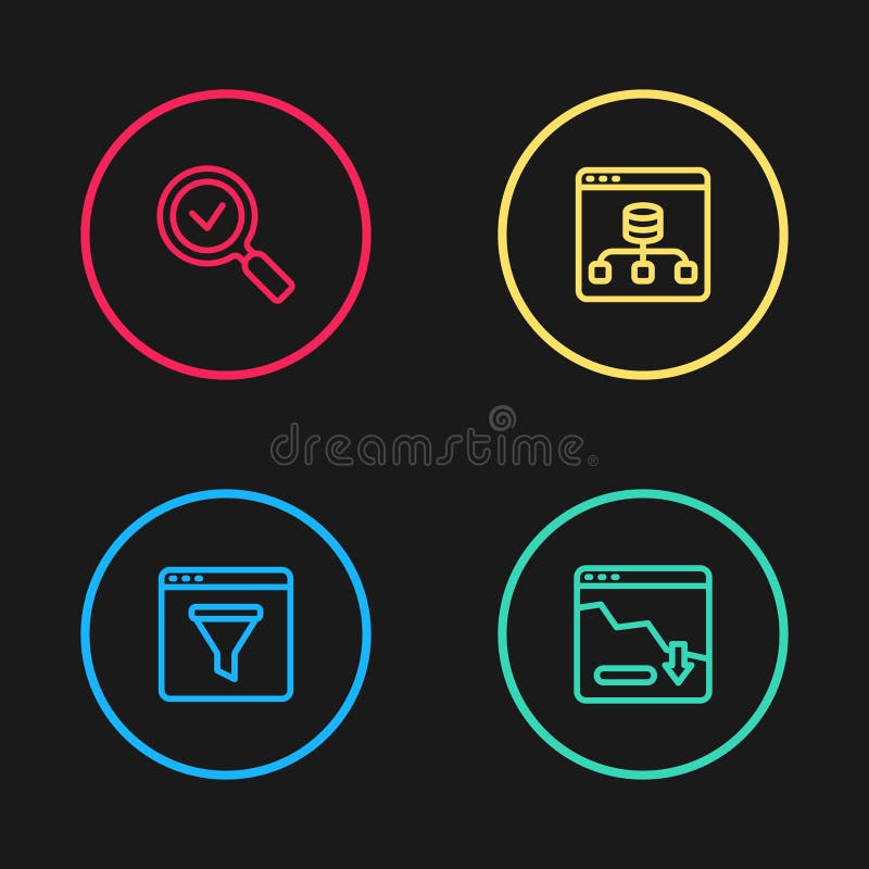 Set Line Browser Window, Financial Growth Decrease, Server, Data and Magnifying Glass with Check ...