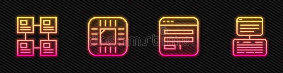 Set Line Browser Window, Hierarchy Organogram Chart, Processor with CPU and Server, Data, Web ...
