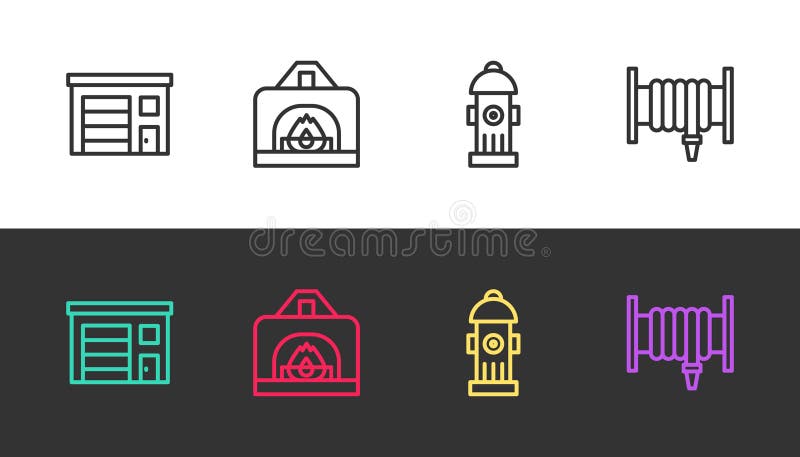 Set Line Building of Fire Station, Interior Fireplace, Fire Hydrant and ...