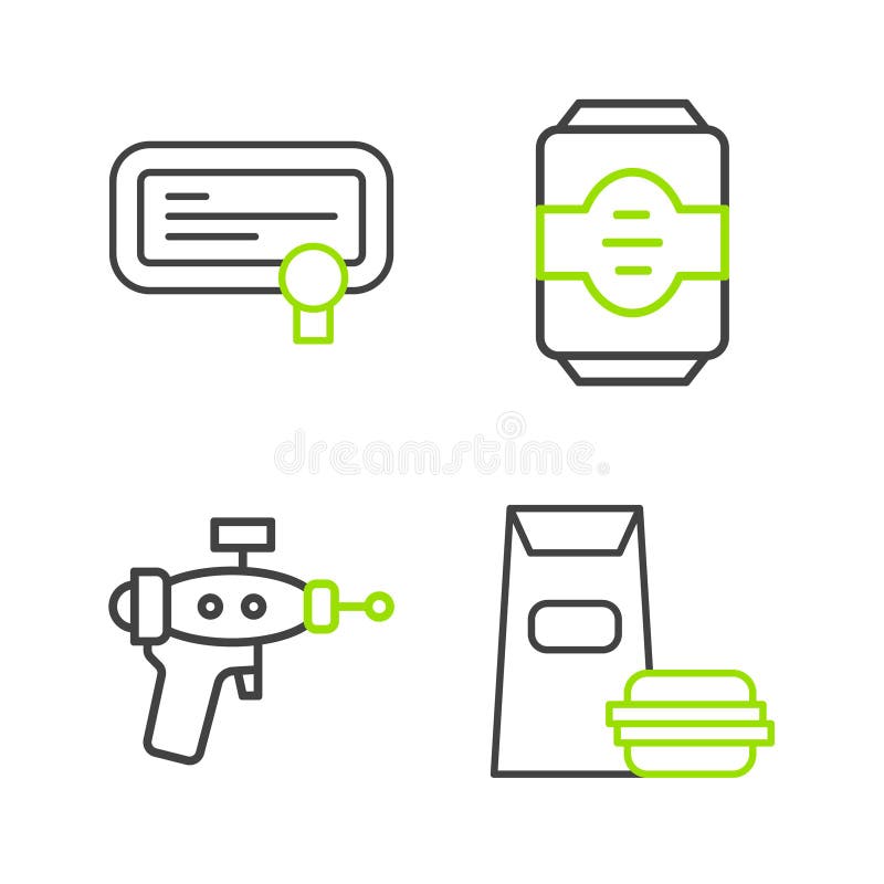 Set Line Burger, Ray Gun, Energy Drink and Certificate Template Icon ...