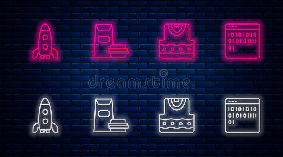 Set Line Burger, Waistcoat, Rocket Ship and Binary Code. Glowing Neon ...