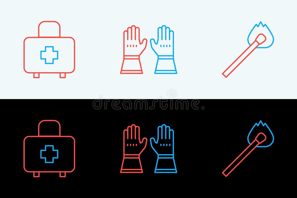 Set Line Burning Match with Fire, First Aid Kit and Firefighter Gloves ...