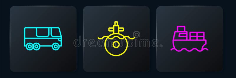Set Line Bus, Cargo Ship with Boxes Delivery and Submarine. Black ...