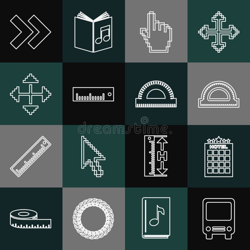 Set Line Bus, Hotel Building, Protractor Grid, Pixel Hand Cursor, Ruler ...