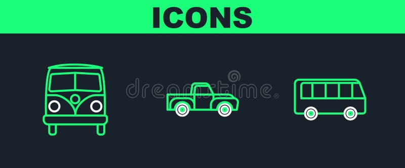 Set Line Bus, Retro Minivan and Pickup Truck Icon. Vector Stock Vector ...