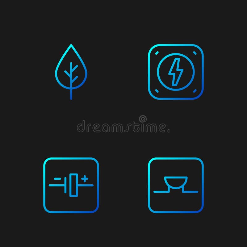 Set Line Buzzer in Electronic Circuit, DC Voltage Source, Leaf Eco Symbol and Lightning Bolt ...