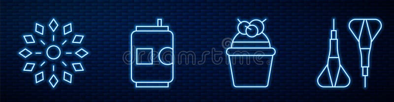 Set Line Cake, Firework, Beer Can and Dart Arrow. Glowing Neon Icon on ...