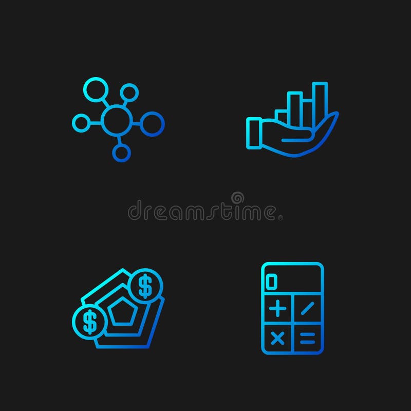 Set Line Calculator, Financial Growth, Mind Map Infographic and Pie Chart. Gradient Color Icons ...
