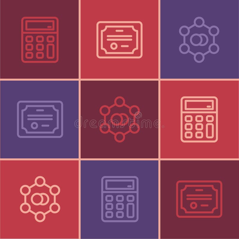 Set Line Calculator, Molecule and Certificate Template Icon. Vector ... Set Line Calculator, Molecule and Certificate Template Icon. Vector ...