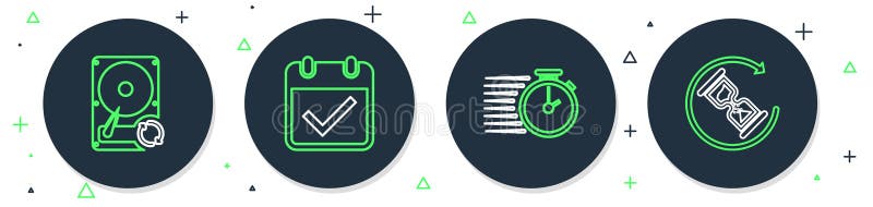 Set Line Calendar with Check Mark, Stopwatch, Hard Disk Drive HDD Sync ...