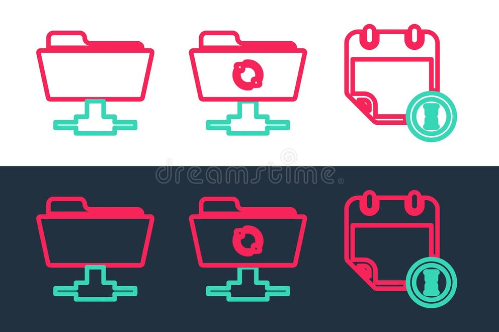 Set Line Calendar and Clock, FTP Folder and Sync Refresh Icon. Vector ...