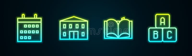 Set Line Calendar, School Building, Open Book and ABC Blocks. Glowing ...