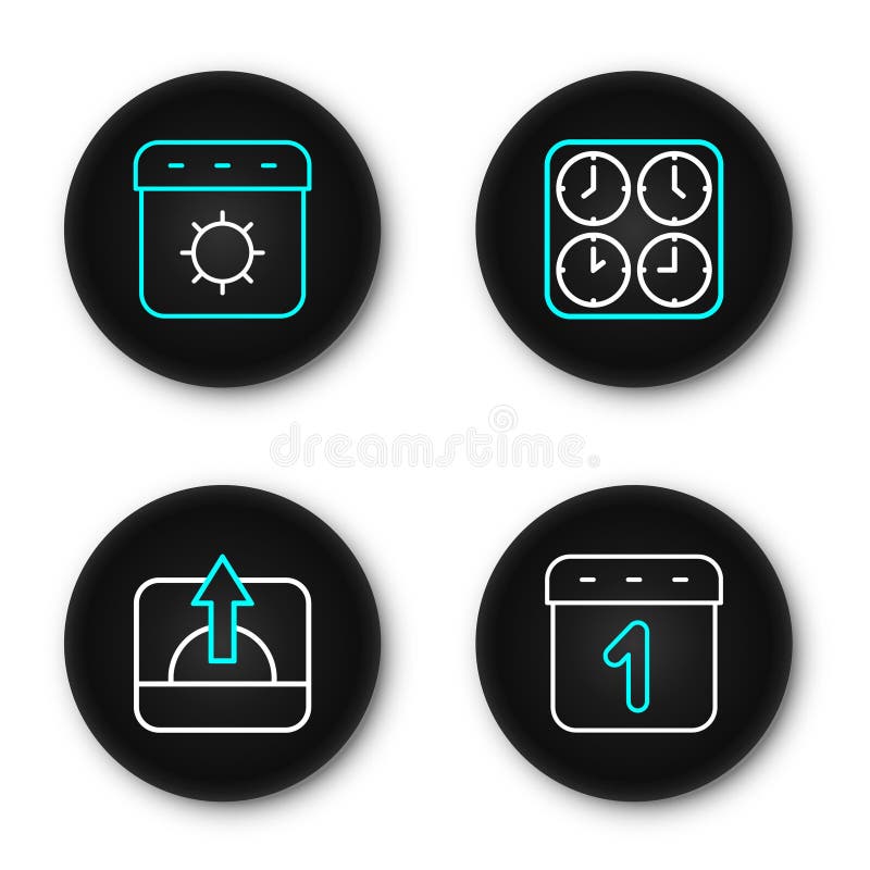 Set Line Calendar, Sunrise, Time Zone Clocks and Summer Icon. Vector ...