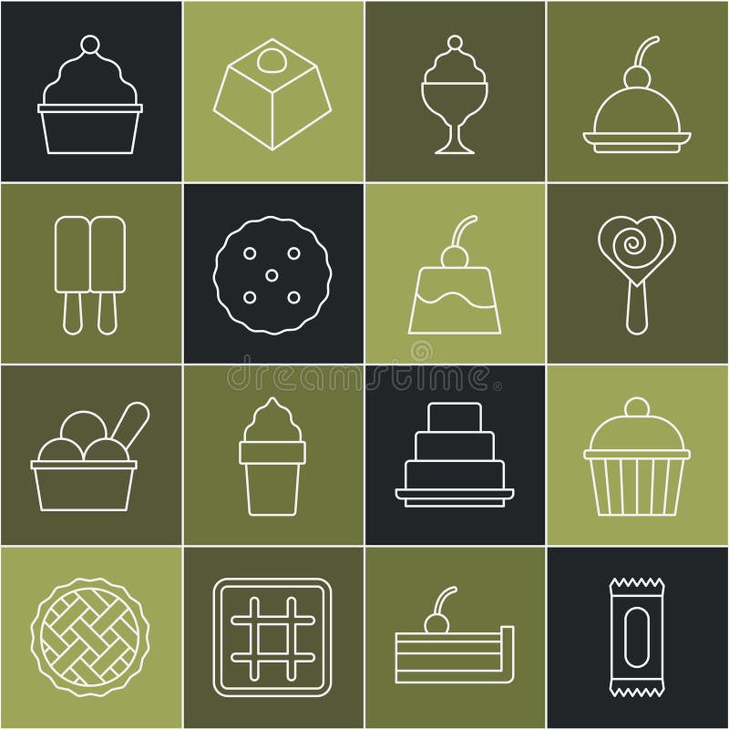 Set Line Candy, Cake, Lollipop, Ice Cream in Bowl, Cookie or Biscuit ...