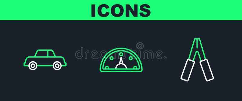 Set Line Car Battery Jumper Power Cable, and Speedometer Icon. Vector ...