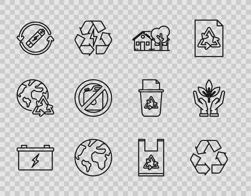 Set Line Car Battery, Recycle Symbol, Eco Friendly House, Earth Globe ... Set Line Car Battery, Recycle Symbol, Eco Friendly House, Earth Globe ...