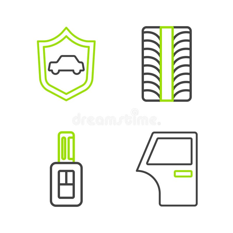 Set Line Car Door, Key with Remote, Tire Wheel and Shield Icon. Vector ... Set Line Car Door, Key with Remote, Tire Wheel and Shield Icon. Vector ...