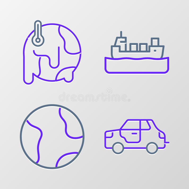 Set Line Car, Earth Globe, Oil Tanker Ship and Global Warming Icon ...