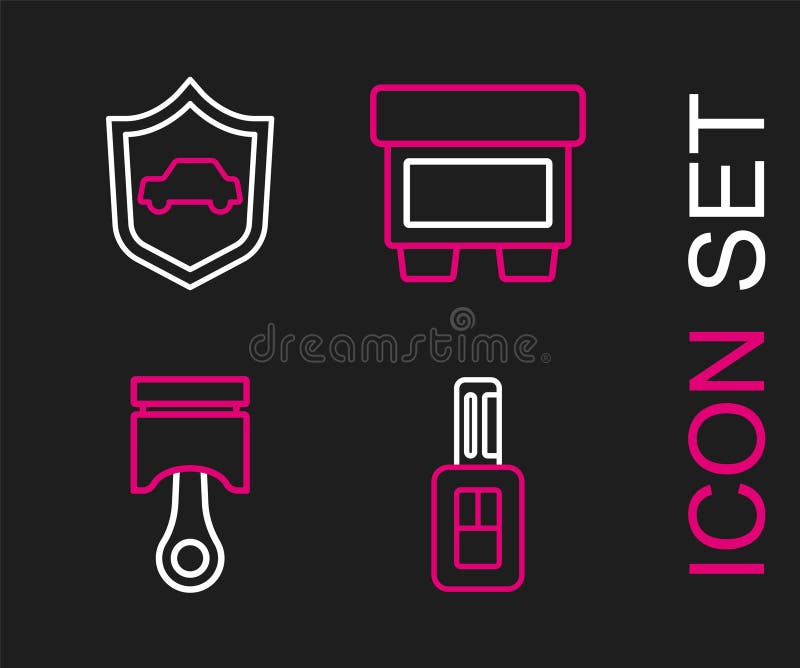 Set Line Car Key with Remote, Engine Piston, Fuse and Shield Icon ...