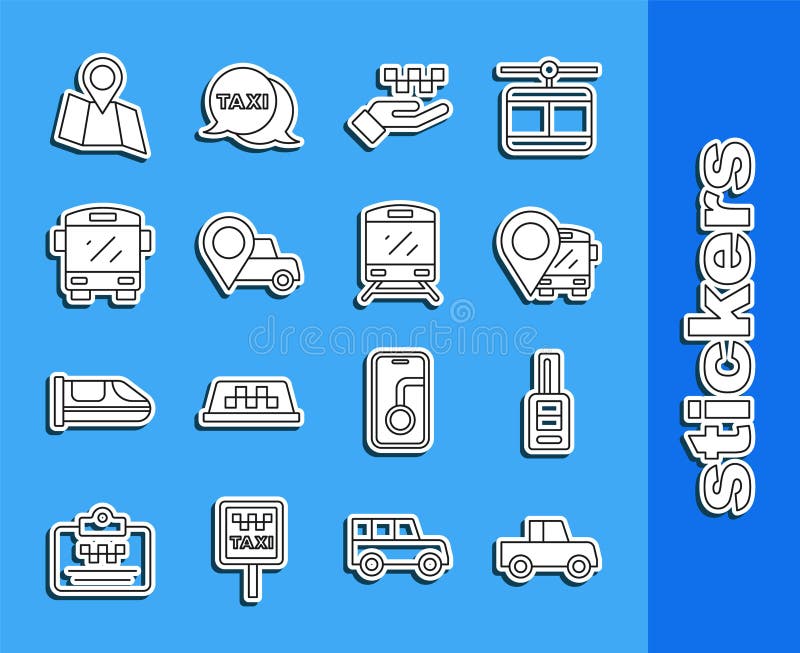 Set Line Car, Key with Remote, Location Bus, Hand Taxi, Bus, Folded Map ...