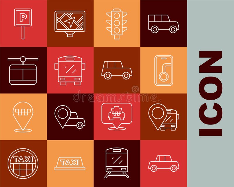 Set Line Car, Location with Bus, City Map Navigation, Traffic Light ...