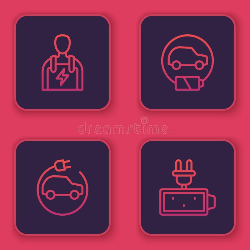 Set Line Car Mechanic, Electric Car, and Battery Charge. Blue Square ...