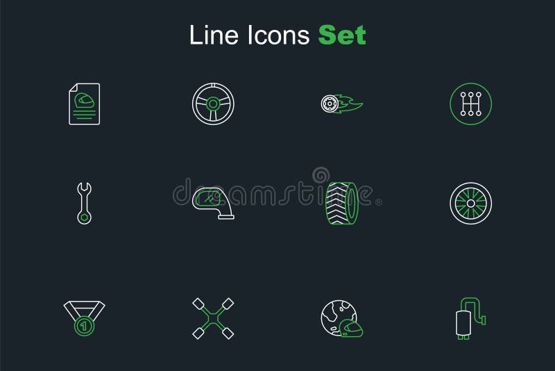 Set Line Car Muffler, Racing Helmet, Wheel Wrench, Medal, Stopwatch ... Set Line Car Muffler, Racing Helmet, Wheel Wrench, Medal, Stopwatch ...