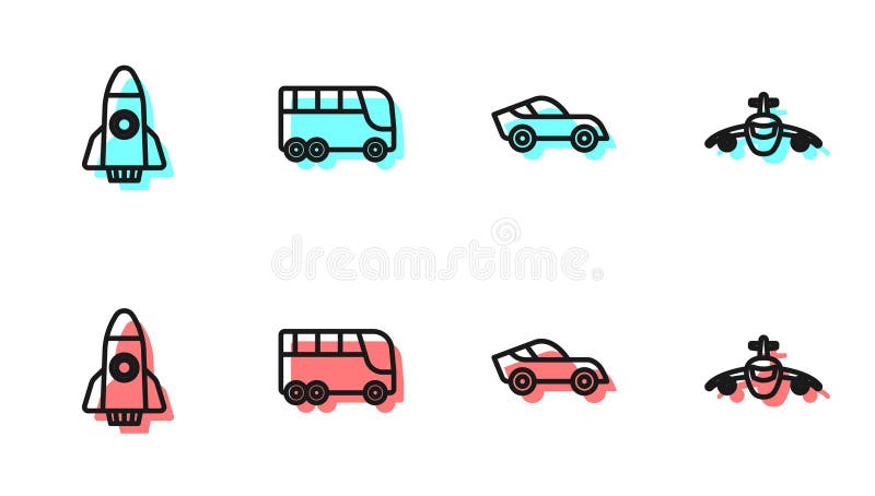 Set Line Car, Rocket Ship, Bus and Plane Icon. Vector Stock ...
