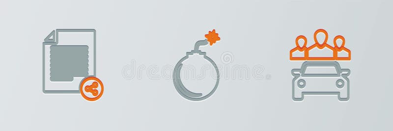 Set Line Car Sharing, Share File and Bomb Ready To Explode Icon. Vector ...