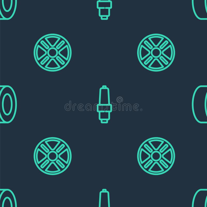 Set Line Car Spark Plug, Alloy Wheel and Tire on Seamless Pattern ... Set Line Car Spark Plug, Alloy Wheel and Tire on Seamless Pattern ...