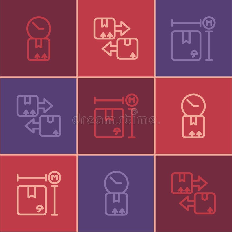 Set Line Cardboard Box with Clock, Measurement and Traffic Symbol Icon ...