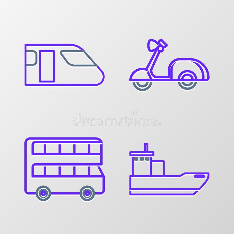 Set Line Cargo Ship, Double Decker Bus, Scooter and Train Icon. Vector ...