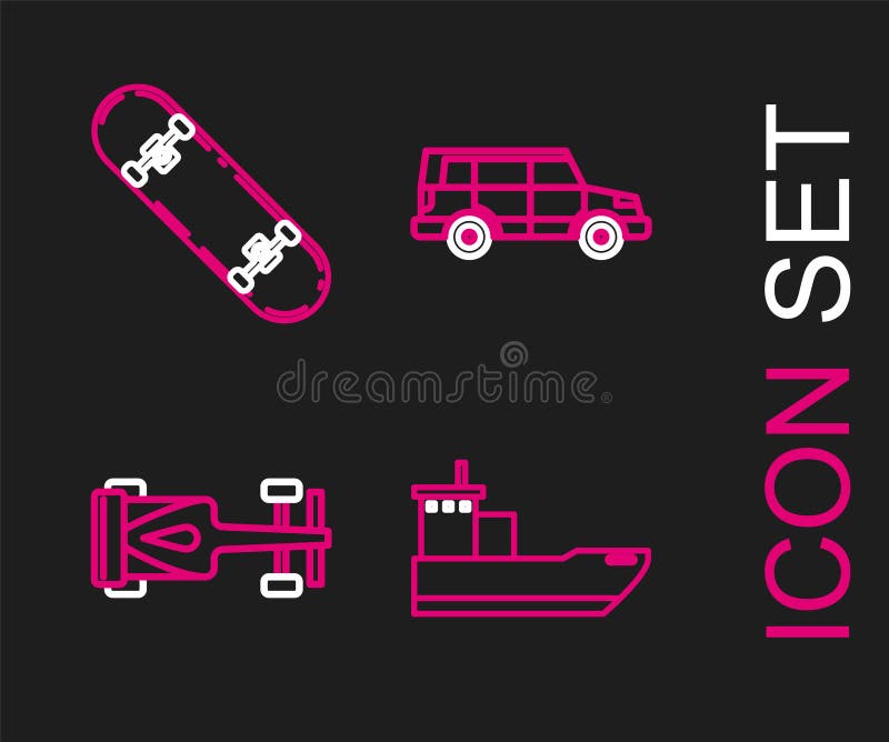 Set Line Cargo Ship, Formula Race Car, Off Road and Skateboard Icon ...