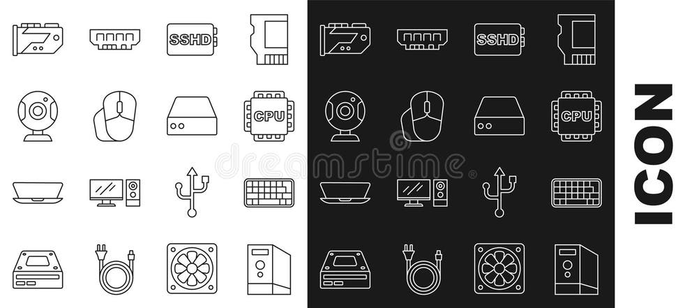 Set Line Case of Computer, Keyboard, Processor with CPU, SSHD Card, Computer Mouse, Web Camera ...